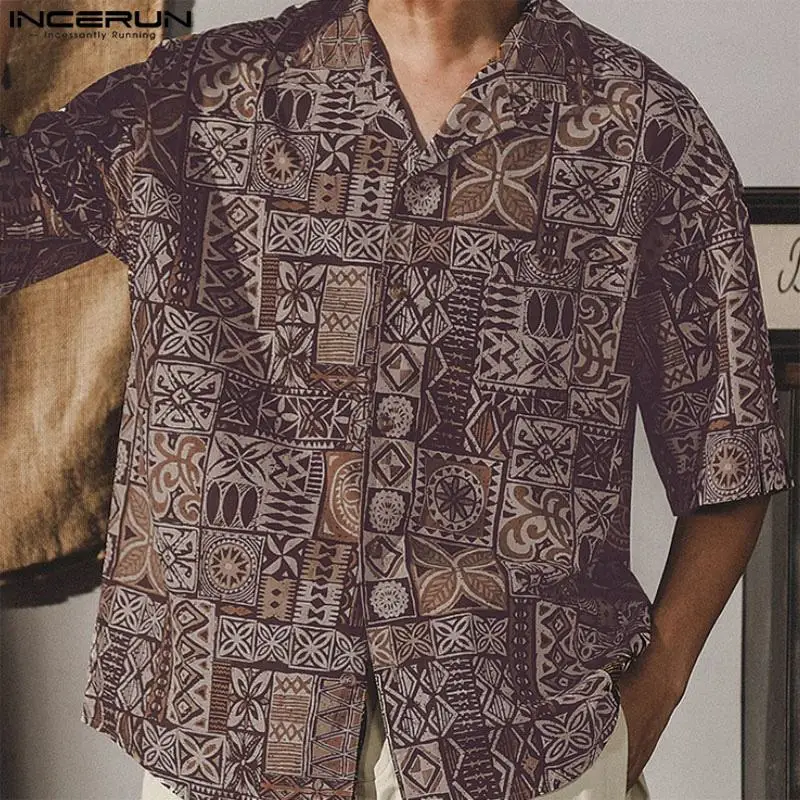 INCERUN-Men-Shirt-Printing-Lapel-Sort-Sleeve-Vintage-Summer-Casual-Men ...