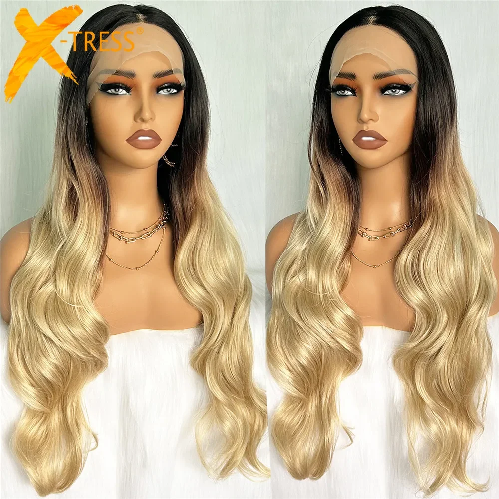 X-TRESS-Ombre-Brown-Blonde-Synthetic-Lace-Front-Wigs-30-Inch-Long-Wavy ...