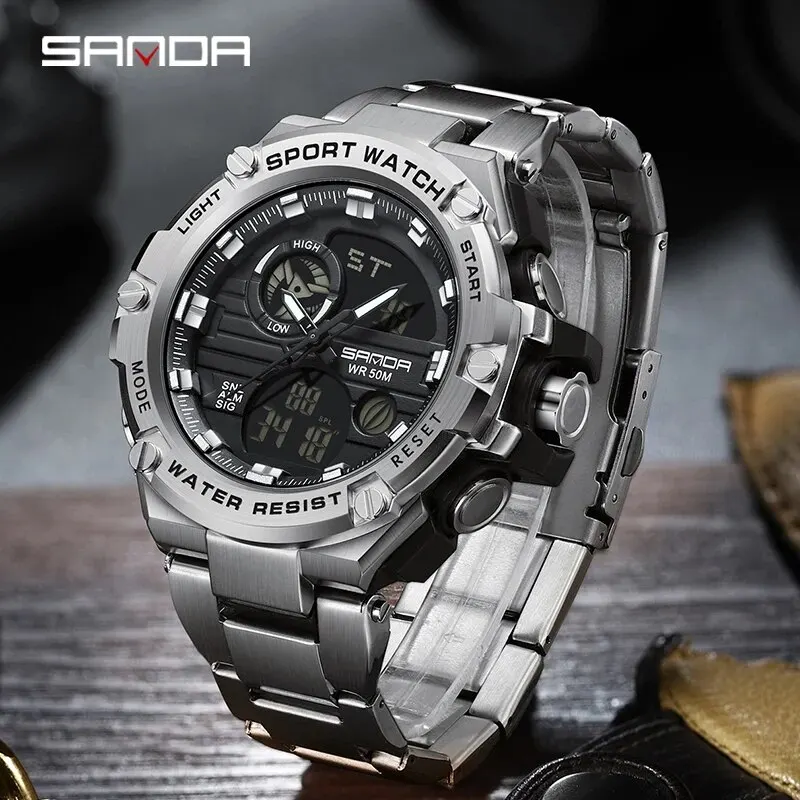SANDA-Brand-G-Style-Mens-LED-Digital-Watches-Steel-Strap-50M-Waterproof-Outdoor-Sports-Military ...