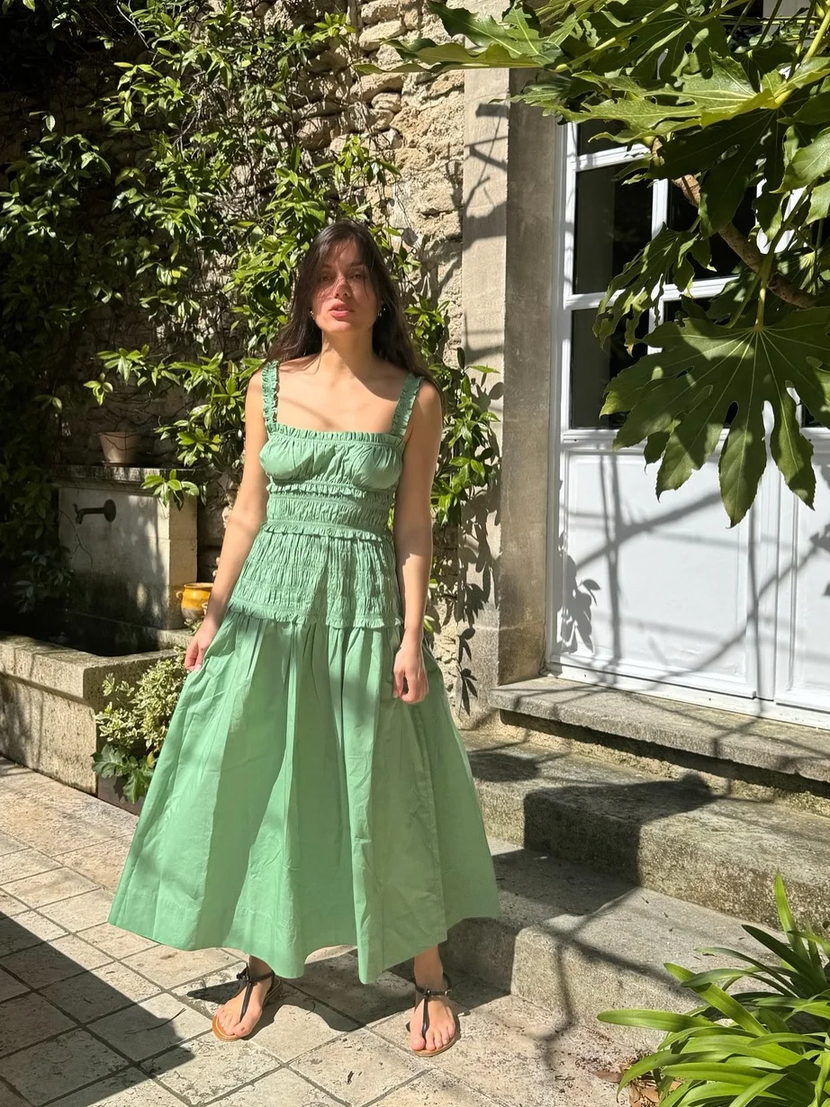 Women Green Strapless Elastic Pleating Waist Cotton Long Dress ...