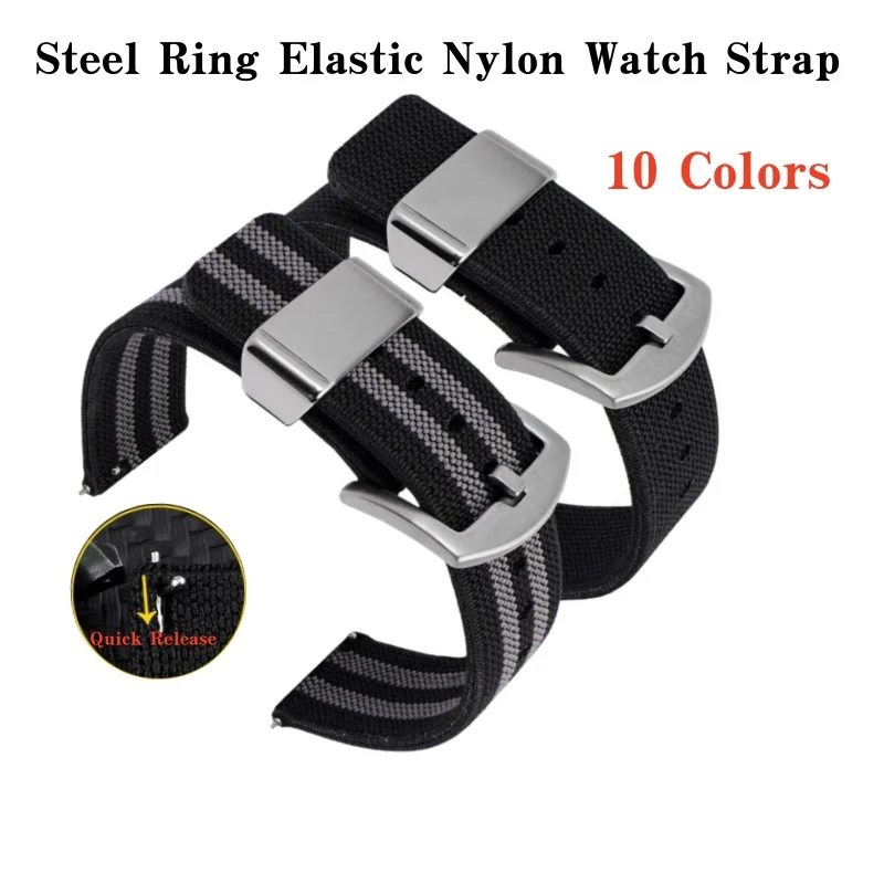18 20 22 24mm Nato Quick Release Steel Ring Elastic Nylon Watch Strap ...