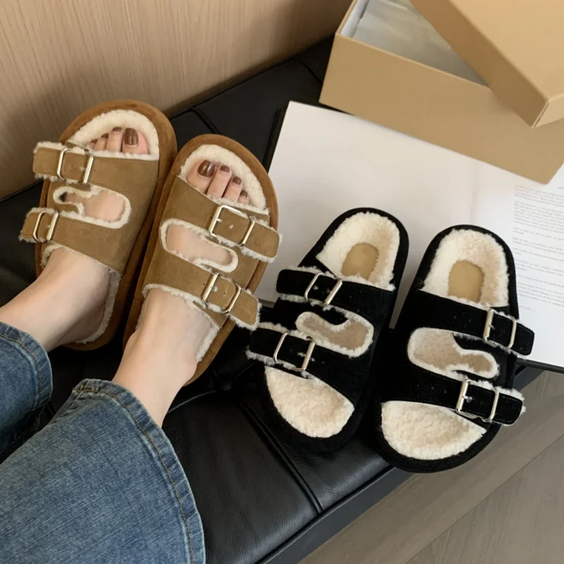 Elegant-Brand-Design-Belt-Buckle-Slippers-Round-Toe-Platform-Med-Heels ...