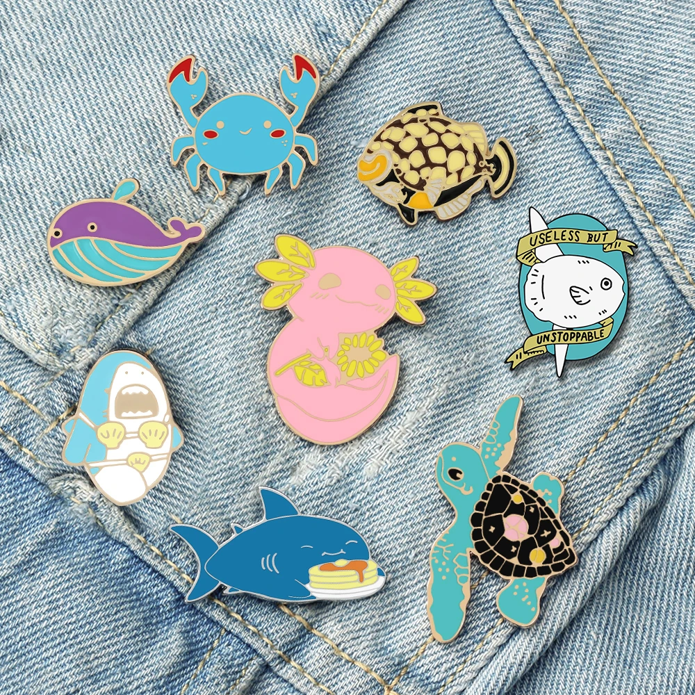 Cartoon Sea Animal Brooches Shark Dolphin Fish Enamel Badge Cute Crab ...