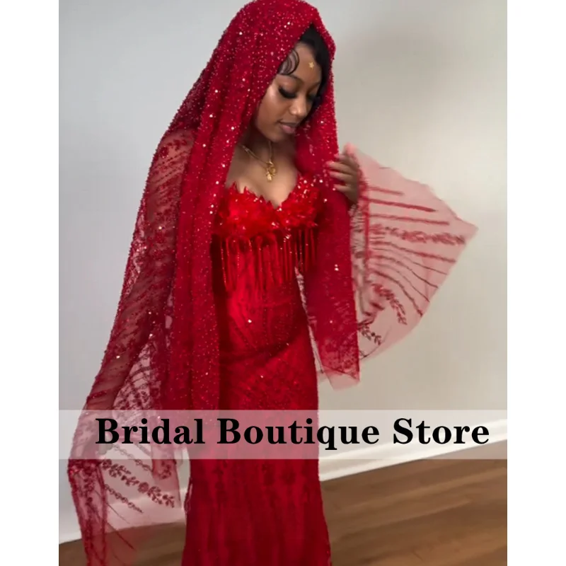 Red Sexy Prom Gowns With Veil 2026 African Crystals Mermaid Beaded ...