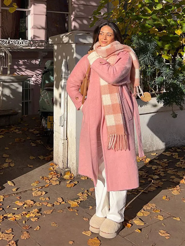 Women-Elegant-Pink-Wool-Blends-Long-Coat-Causal-Long-Sleeve-Thick-Lapel ...