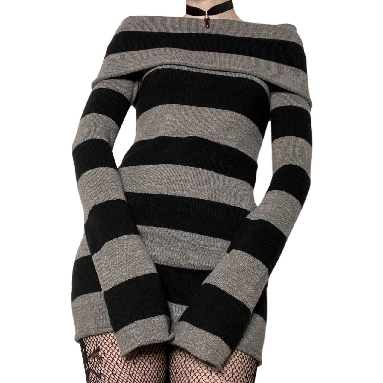 Mini-vestido-de-punto-a-rayas-negras-y-grises-para-mujer-Bodycon-g-tico ...
