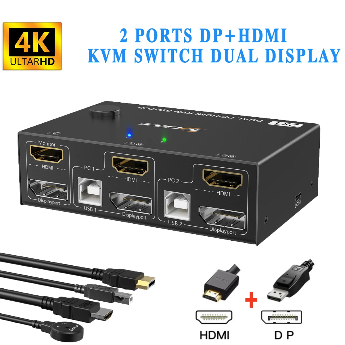 2 In 1 Out DP and HDMI-KVM Switch PC Dual Monitor 4K 60Hz Displayport ...