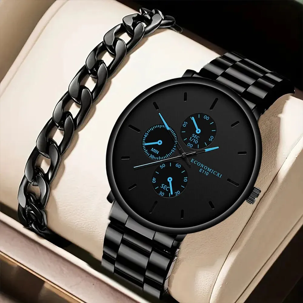 2Pcs-Men-s-Casual-Simple-Business-Three-eye-Digital-Pointer-Steel-Band ...