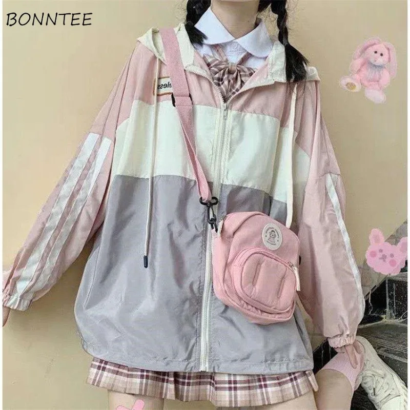 Patchwork-Preppy-Style-Hooded-Jackets-Women-Lovely-Trend-Girls-Korean ...