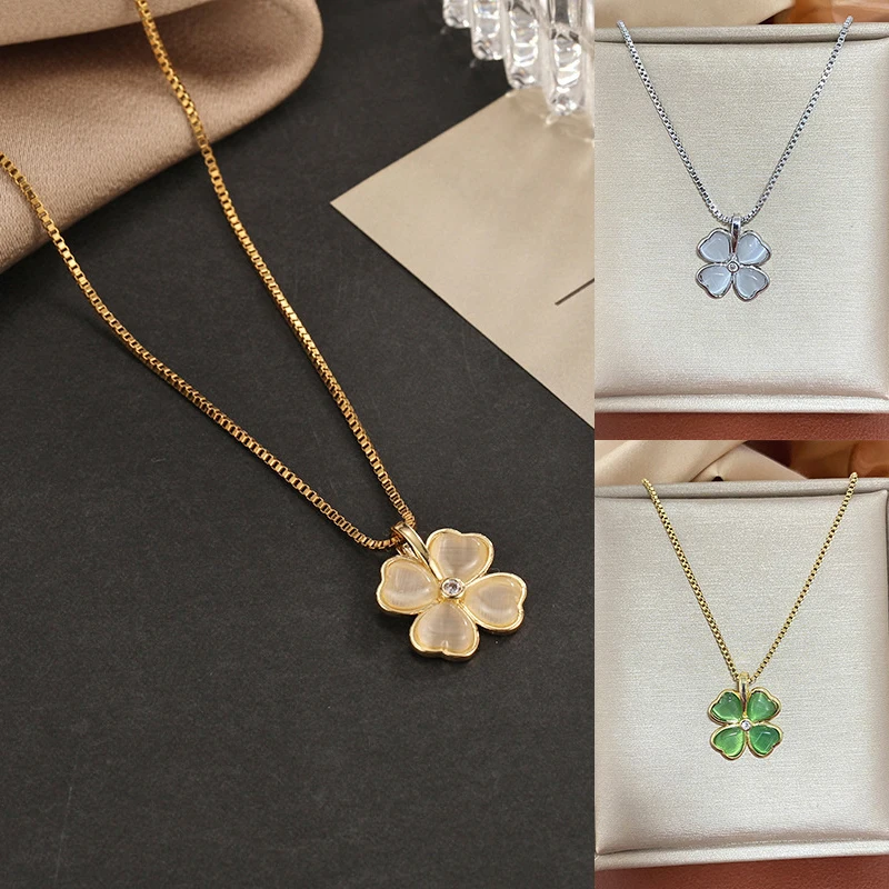 Lucky-Clover-Necklace-Women-Gold-Plated-Cat-s-Eye-Flower-Petal-Lock ...