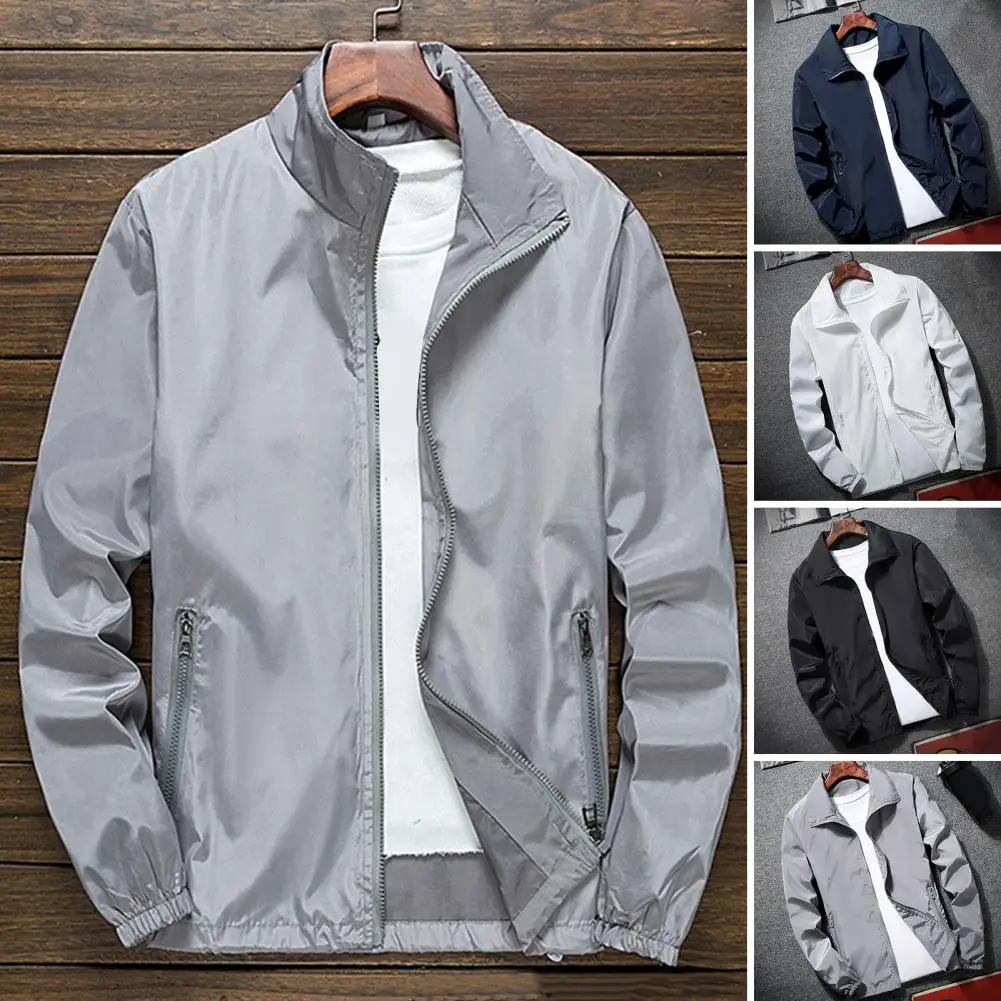 Men-Jacket-Lapel-Long-Sleeve-Outdoor-Windbreaker-Solid-Color-Jacket ...