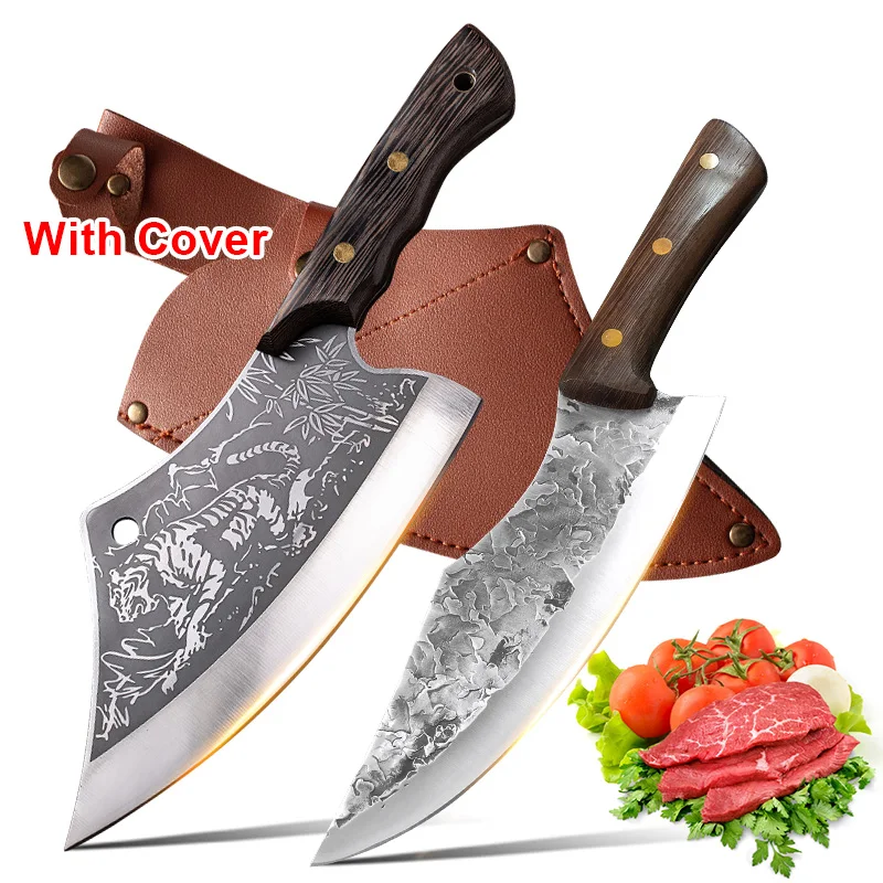 Forged Kitchen Chef Butcher Knife Bone Chopping Meat Cleaver Knife Wood ...
