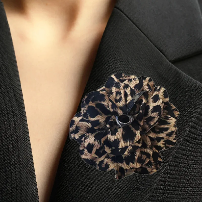 French Exaggerated Big Flower Leopard Print Brooch for Women Fabric ...