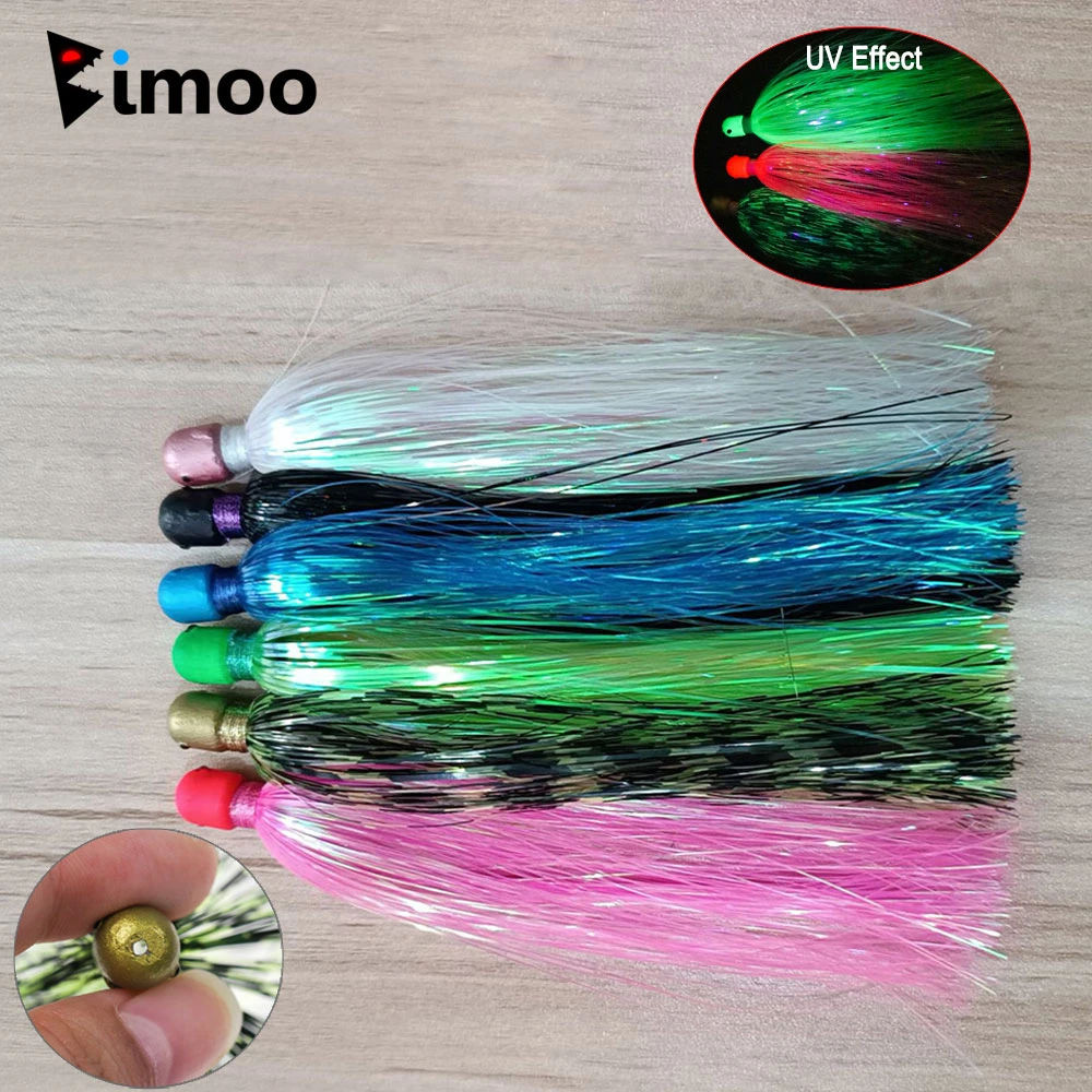 Bimoo Jig Head Fishing Lure Bait Mylar Flash Teaser Tail Weighted Jig ...