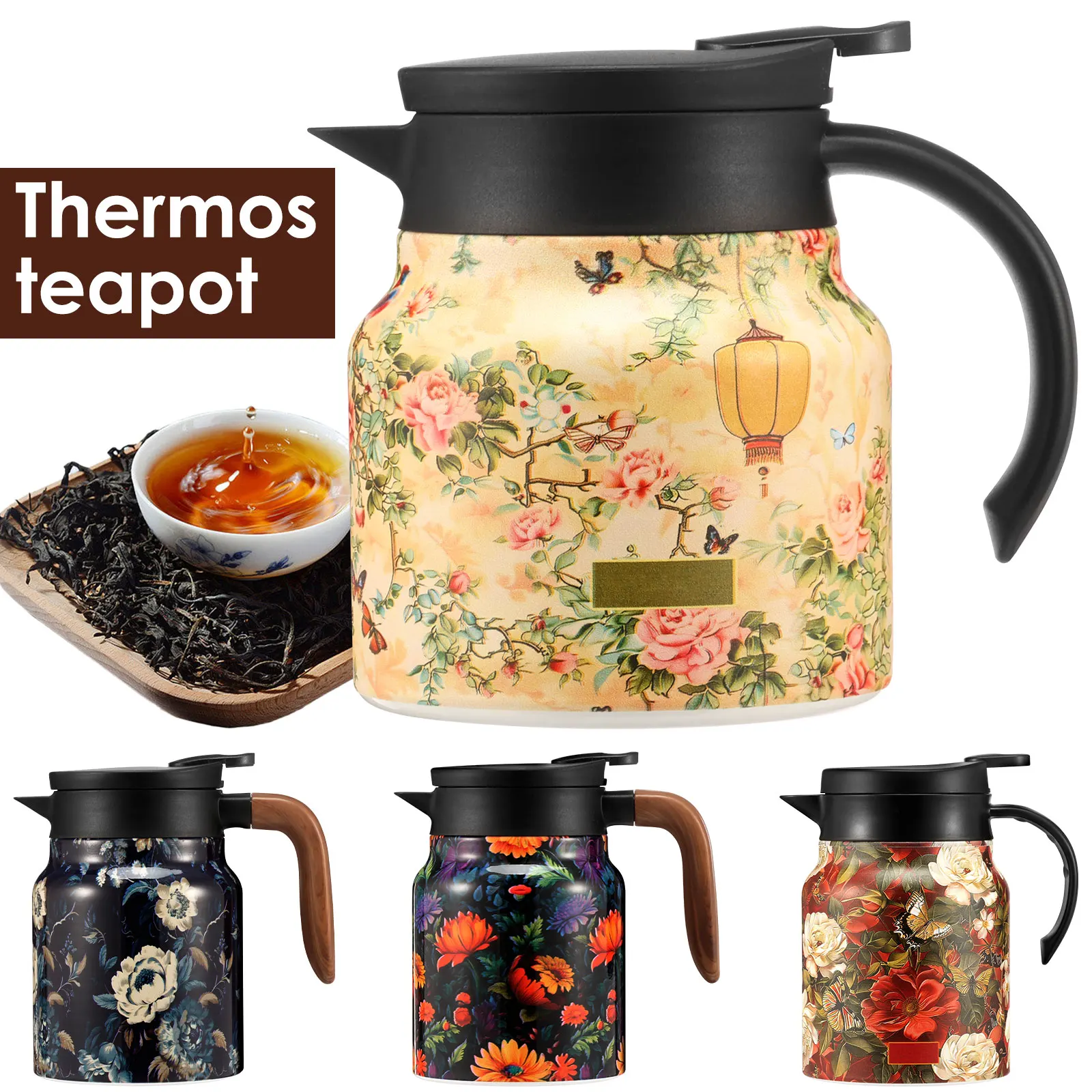 800/1000 ML Vintage Floral Tea Thermos Stainless Steel Tea Kettle ...