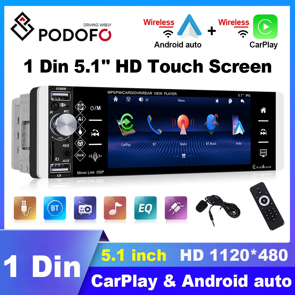 Podofo-1din-Carplay-Car-Radio-5-1-Inch-MP5-Audio-Video-Player-Android ...