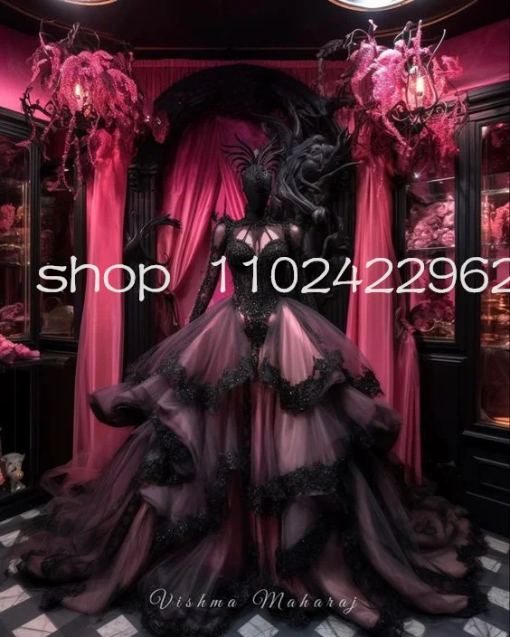 CustomizedBlack-Pink-Gothic-Victorian-prom-dresses-Puffy-Long-Sleeve ...