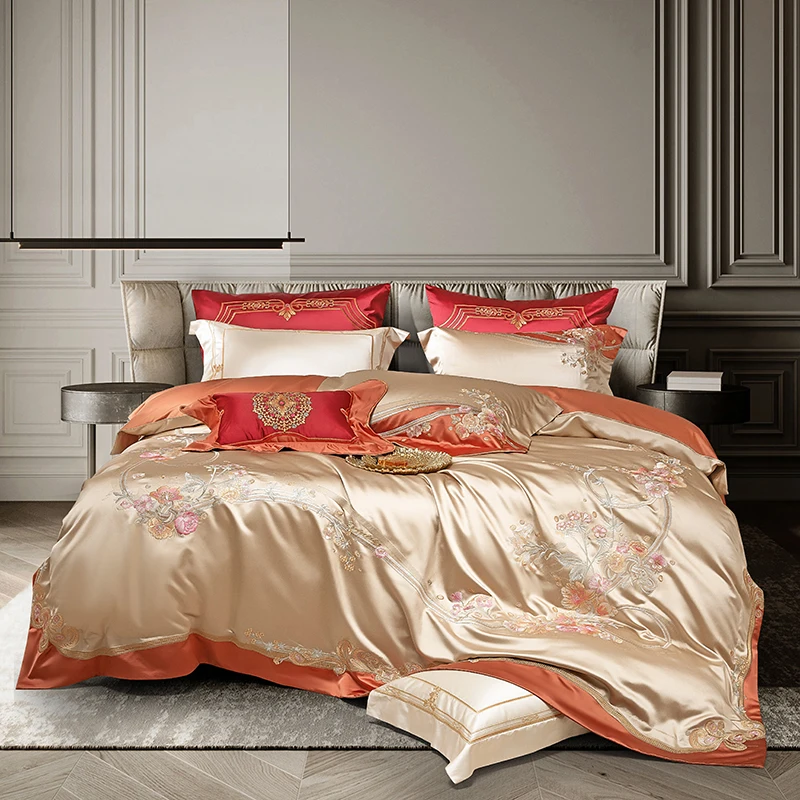 Luxury Flowers Embroidery Sateen Brocade Egyptian Cotton Bedding Set ...