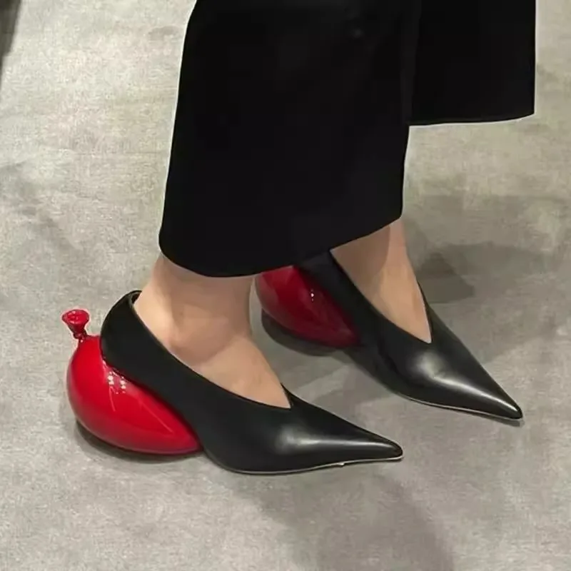 Women's Pumps Pointed Toe Black Leather Upper Red Balloon Shaped Heel ...