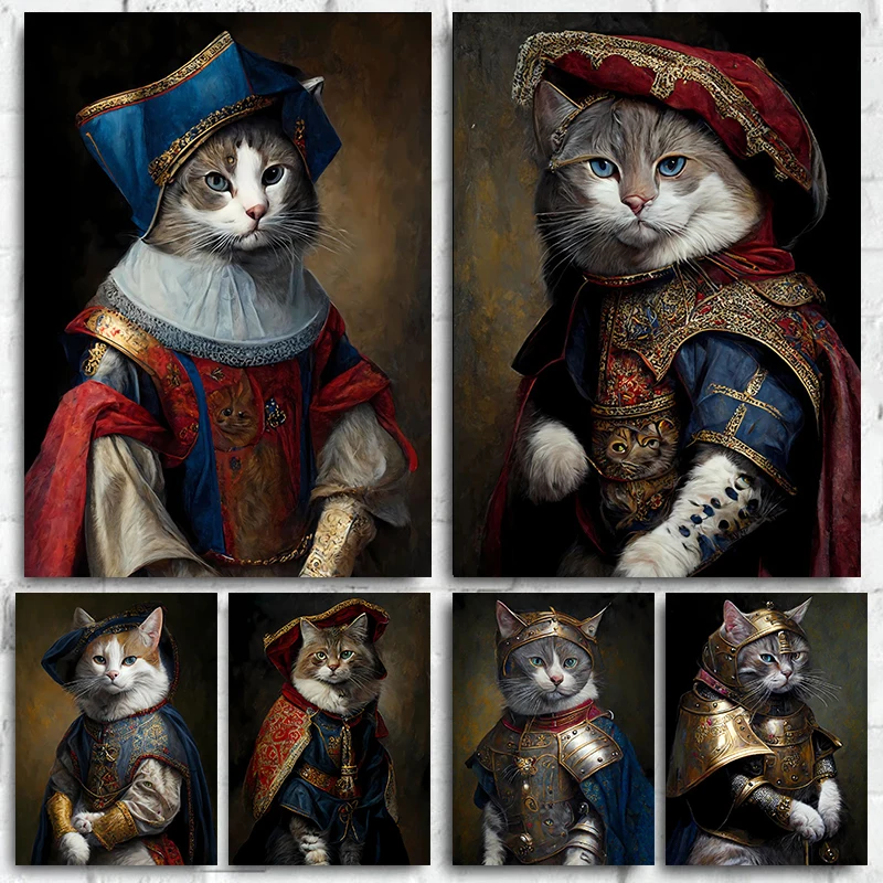 Medieval Knight Cat Poster Vintage Animals Majestic Paws Prints Canvas ...