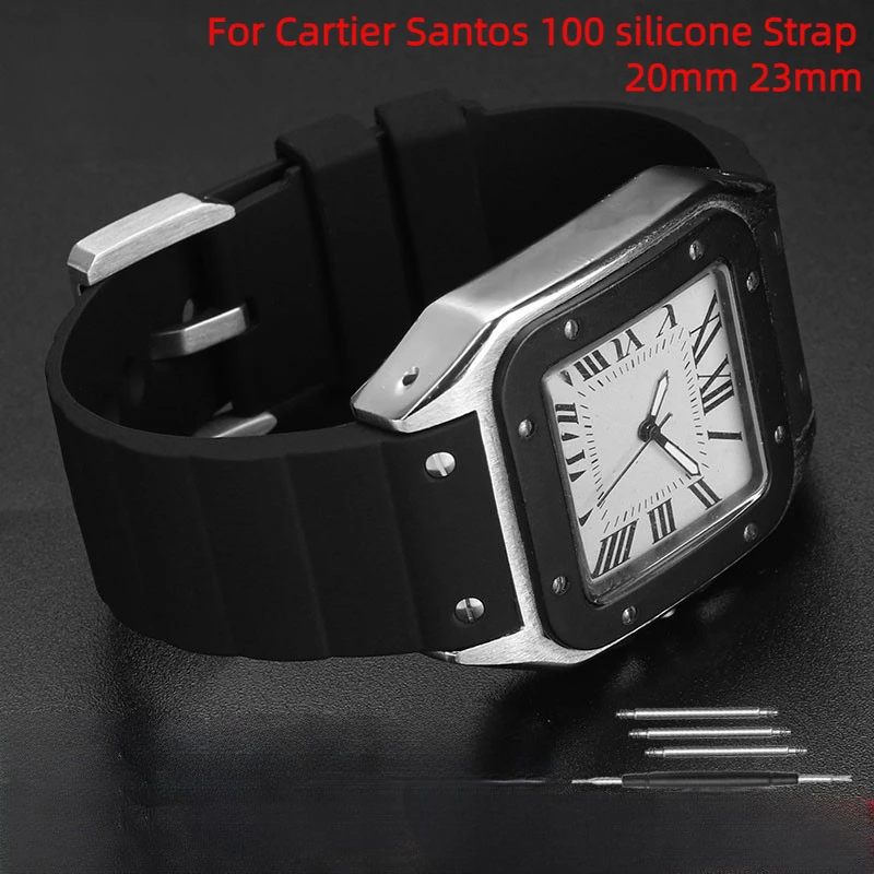 For Cartier Santos Sandoz 100 rubber watchband black Rivet silicone ...