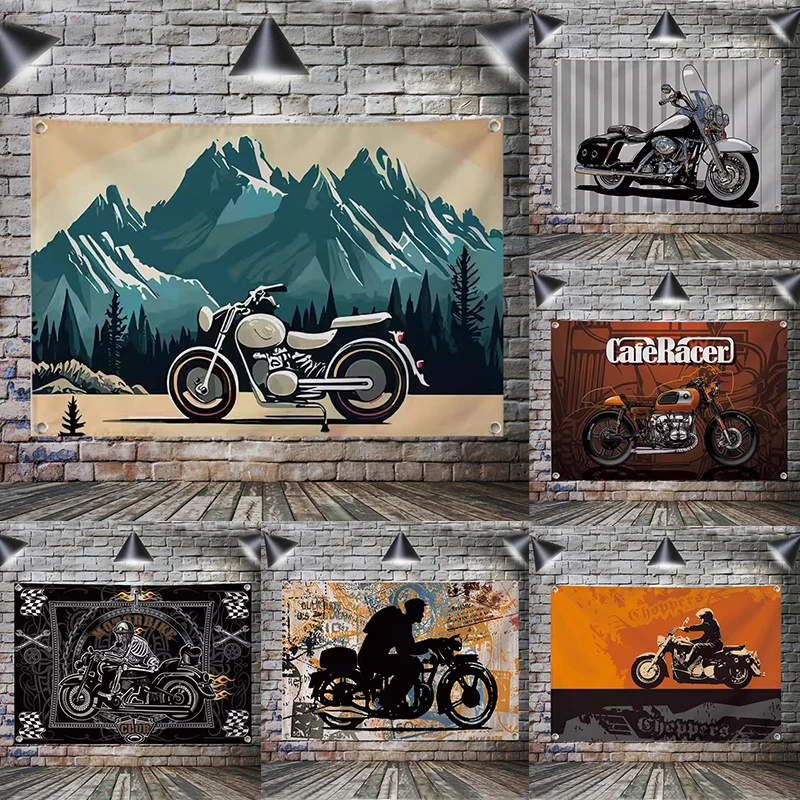 Motorcycle Racing Flag Retro Vintage Style Art Poster Banner Polyester ...