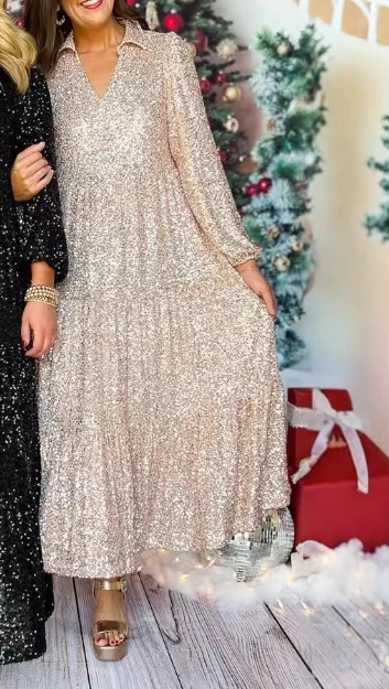 Women's Long Sleeve Loose Waist Casual Sequin Dress Temperament ...