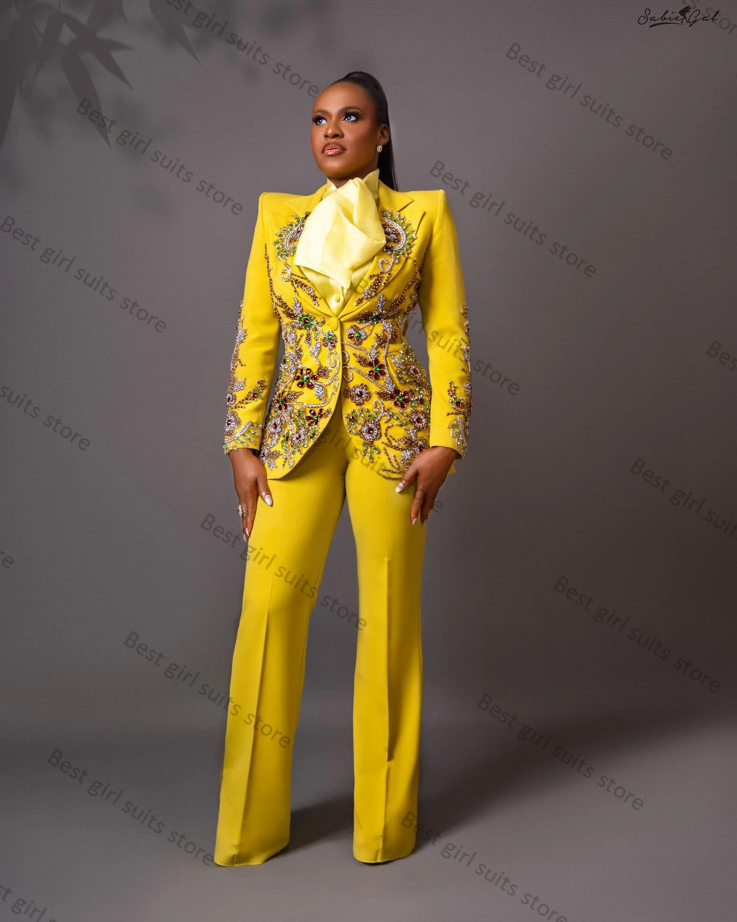 Yellow Women Suit Pants Set 2 Piece Cotton Blazer+Trousers Formal ...