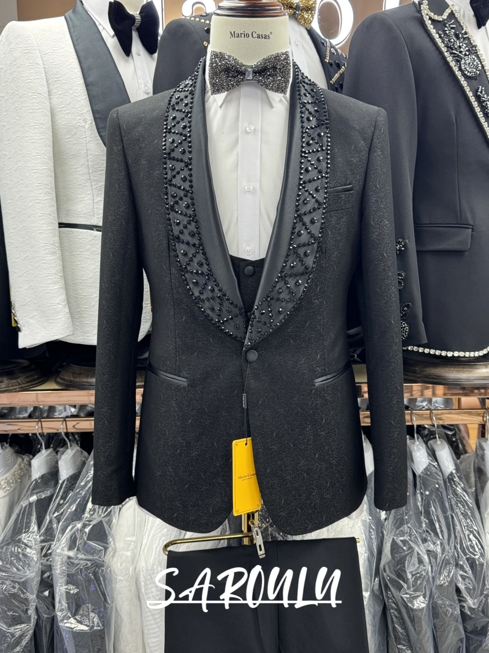 Black Embellished Men's Suit With Crystal Studded Lapel, Premium Formal ...
