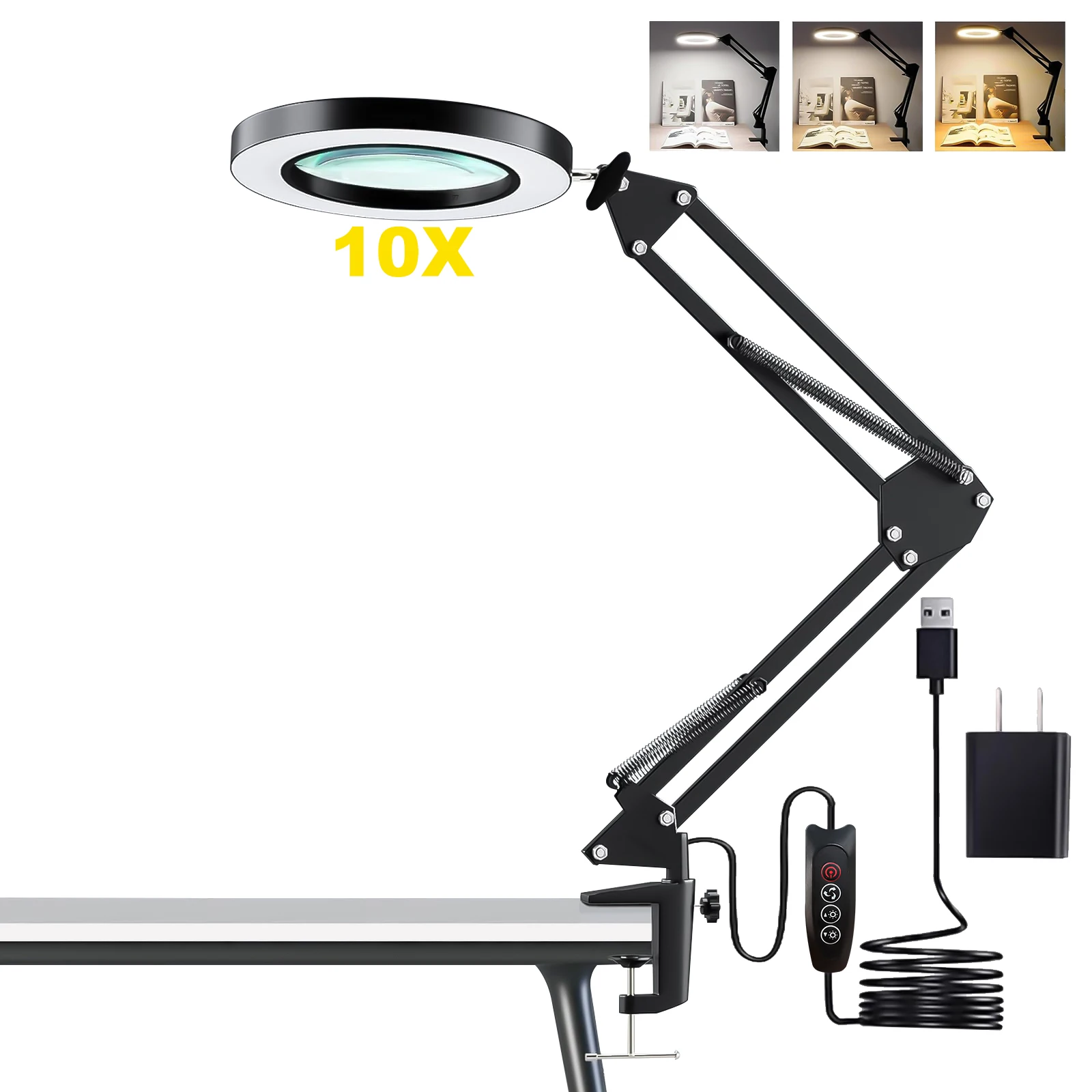 10x Magnifier Glass Adjustable Clamp-on Table Lamp 3 Level Illuminated ...