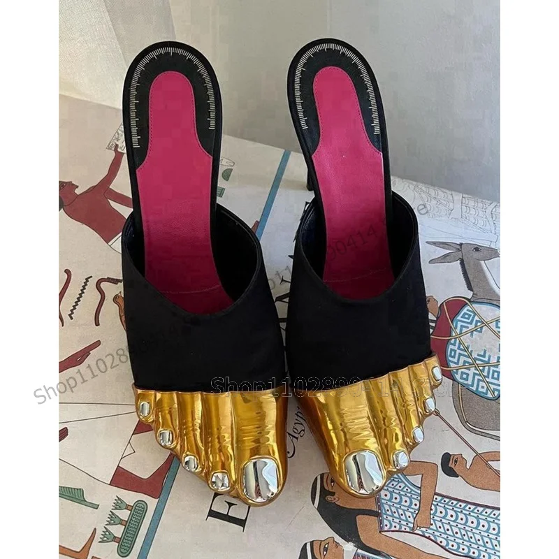Gold-Five-Fingers-Black-Flock-Runway-Slippers-Slip-On-Women-Shoes-Thin ...