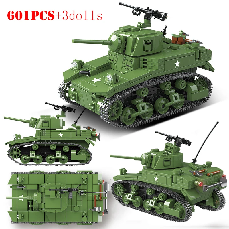 Military American M3A1 Stuart Light Tank Building Blocks WW2 Army German Tiger I Heavy Tanks ...