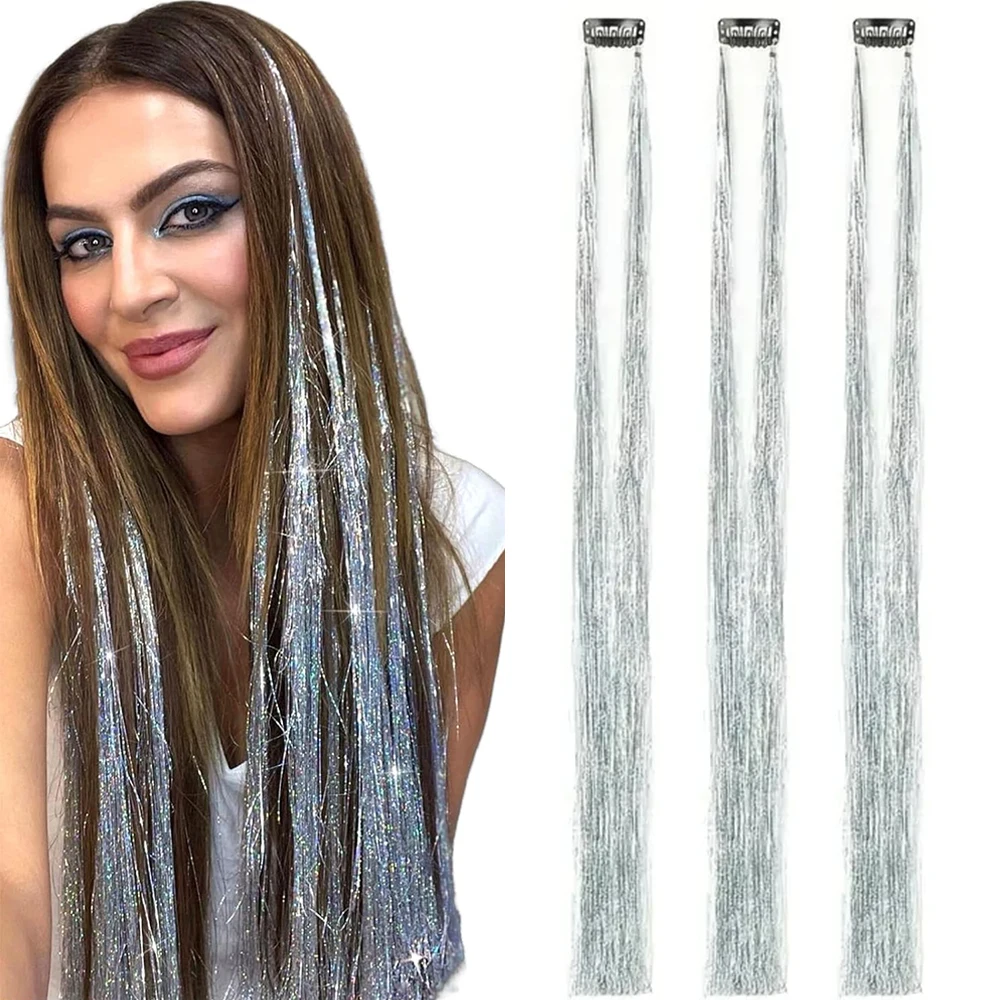 3Pcs-Clip-In-silver-Tinsel-Hair-Extensions-Synthetic-Fairy-Hair-Tinsel ...