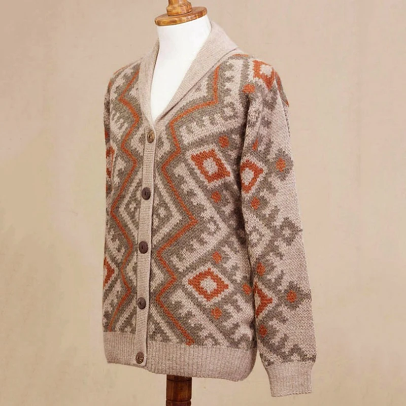 Casual Men's Jacket Button Lapel Vintage Pattern Jacquard Knit Cardigan