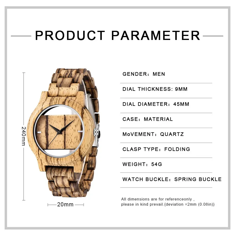 Men Women Natural Wood Watch Unique Hollow Dial with Full Wooden Bamboo ...