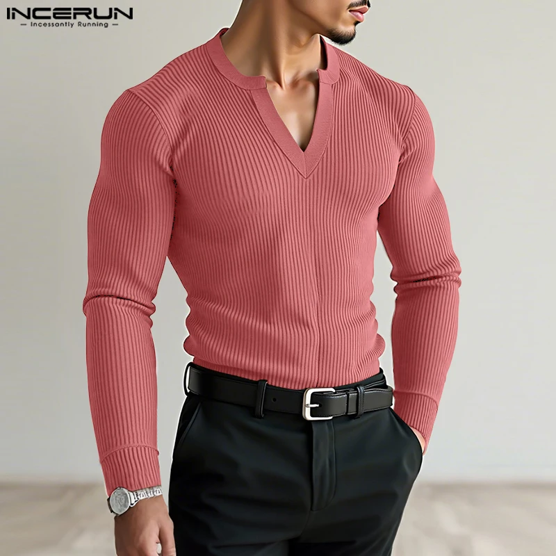 INCERUN Men T Shirt Solid Color V Neck Long Sleeve Knitted Streetwear ...