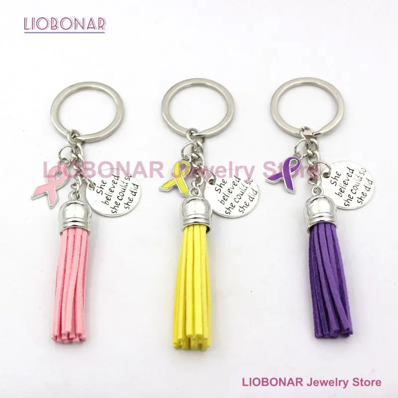New-Awareness-Keychain-Yellow-Pink-Ribbon-Tassel-She-Believed ...