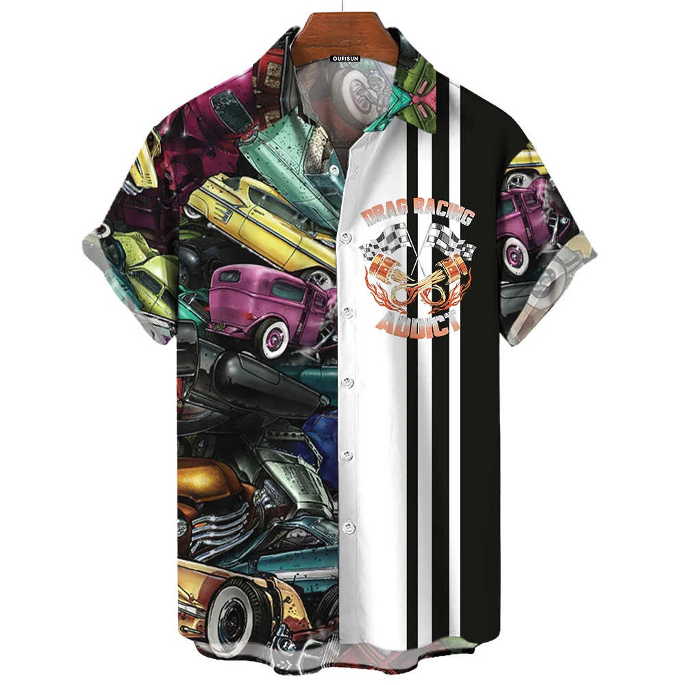 Fashion-Car-Printed-Shirt-For-Men-Lapel-Button-Up-Short-Sleeve ...