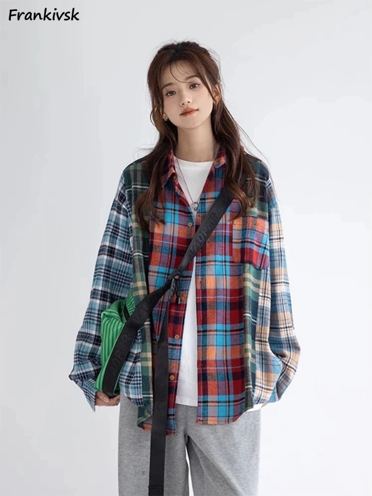Shirts-Women-American-Style-Plaid-Design-Youthful-Turn-down-Collar-All ...