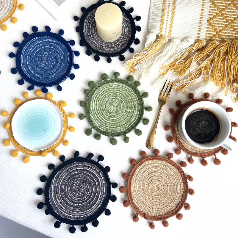 Boho-Round-Placemat-Woven-Jute-Fringe-Table-Mats-Pompom-Tassel-Place ...