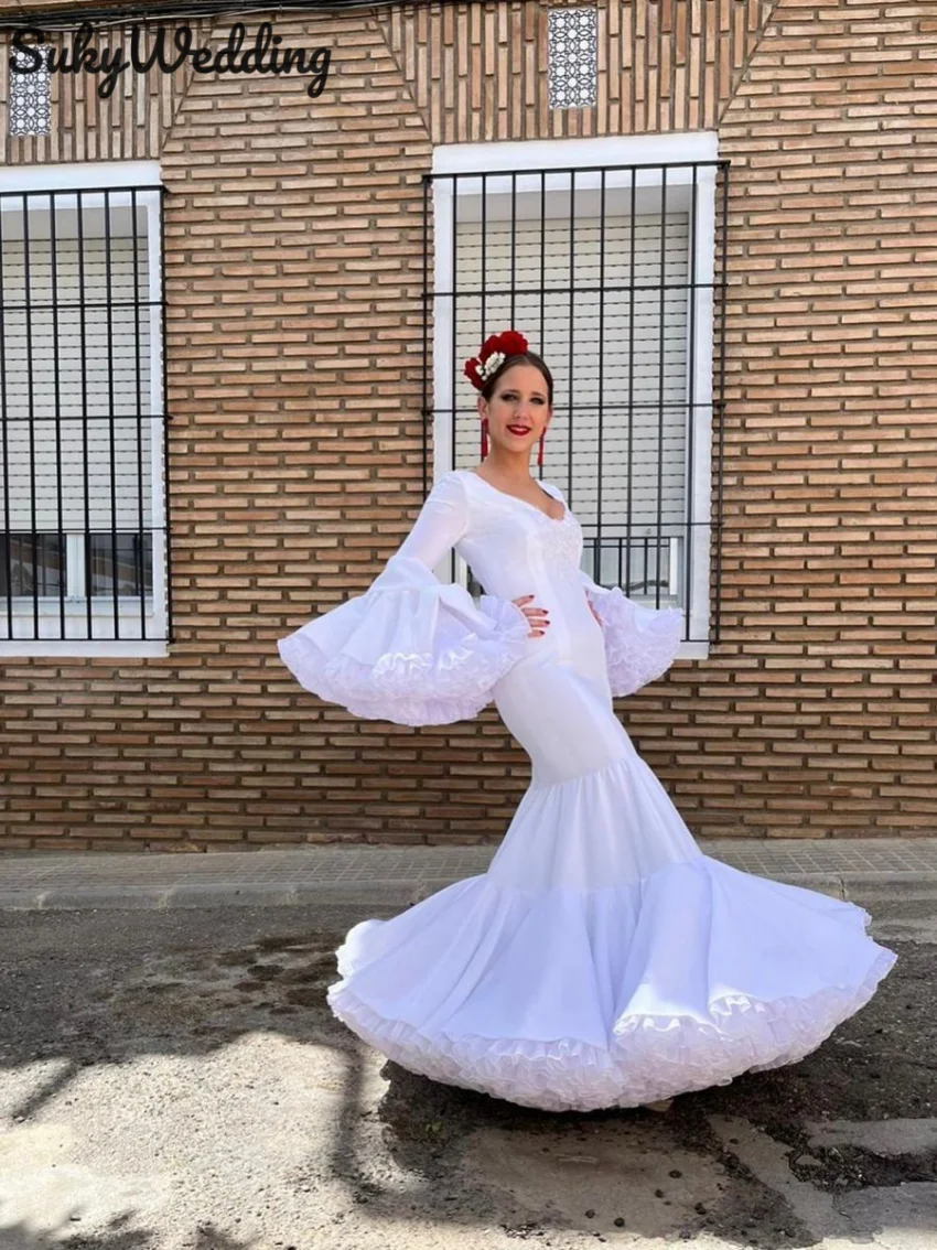 White-Mermaid-Spanish-Flamenco-Prom-Dresses-with-Long-Flare-Sleeves-V ...