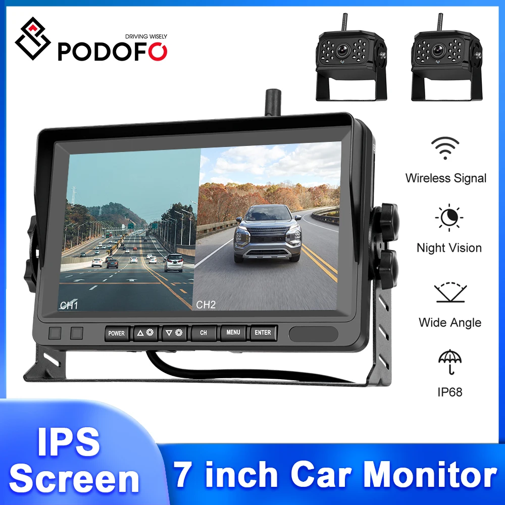 Podofo-7-Car-Monitor-Dual-Wireless-Reverse-Camera-IP68-Waterproof-Rear ...