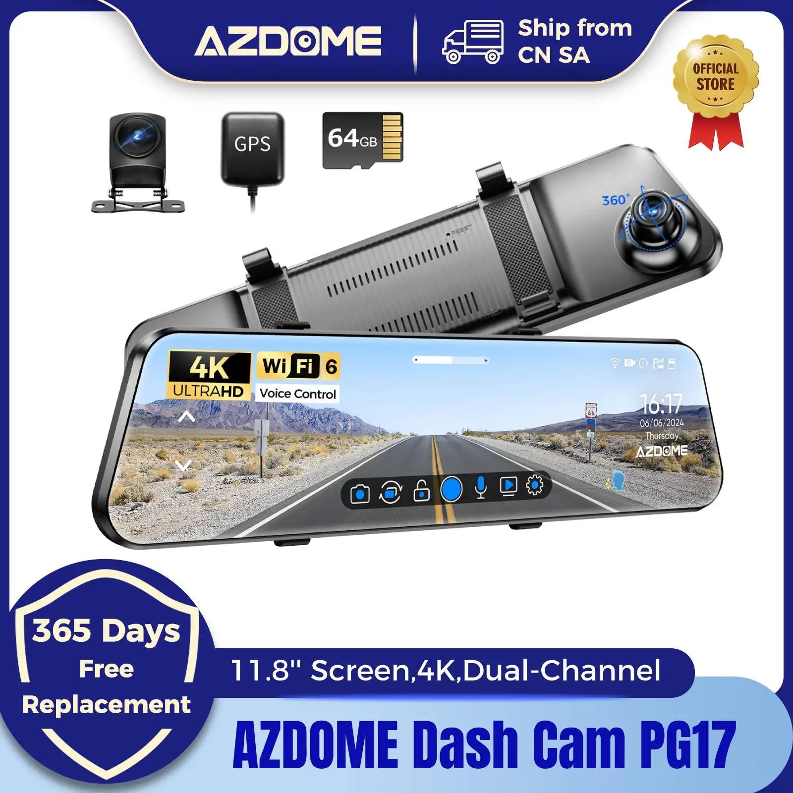 AZDOME-RearView-Dash-cam-PG17-GPS-WiFI-Camera-11-8-Full-Screen-Touching ...
