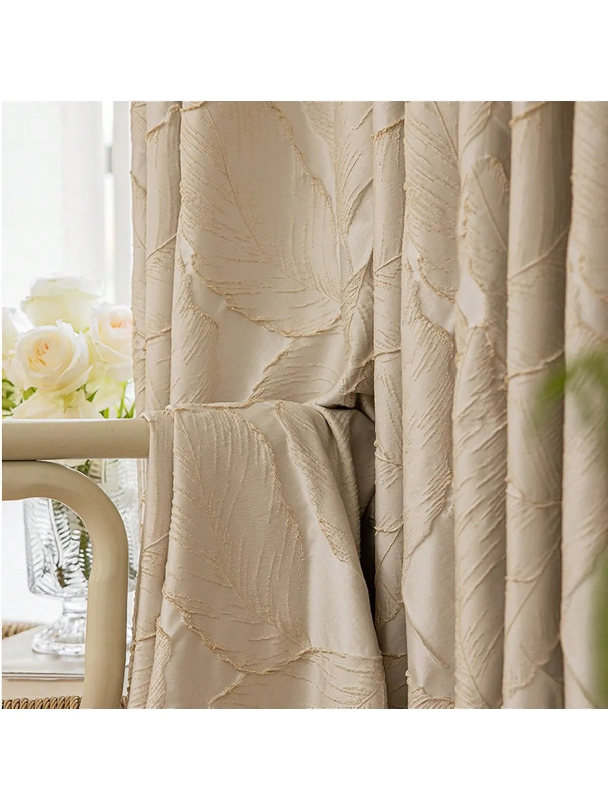 1PC Beige Embossed Leaf Pattern Light Blocking Curtain for Luxury Villa ...
