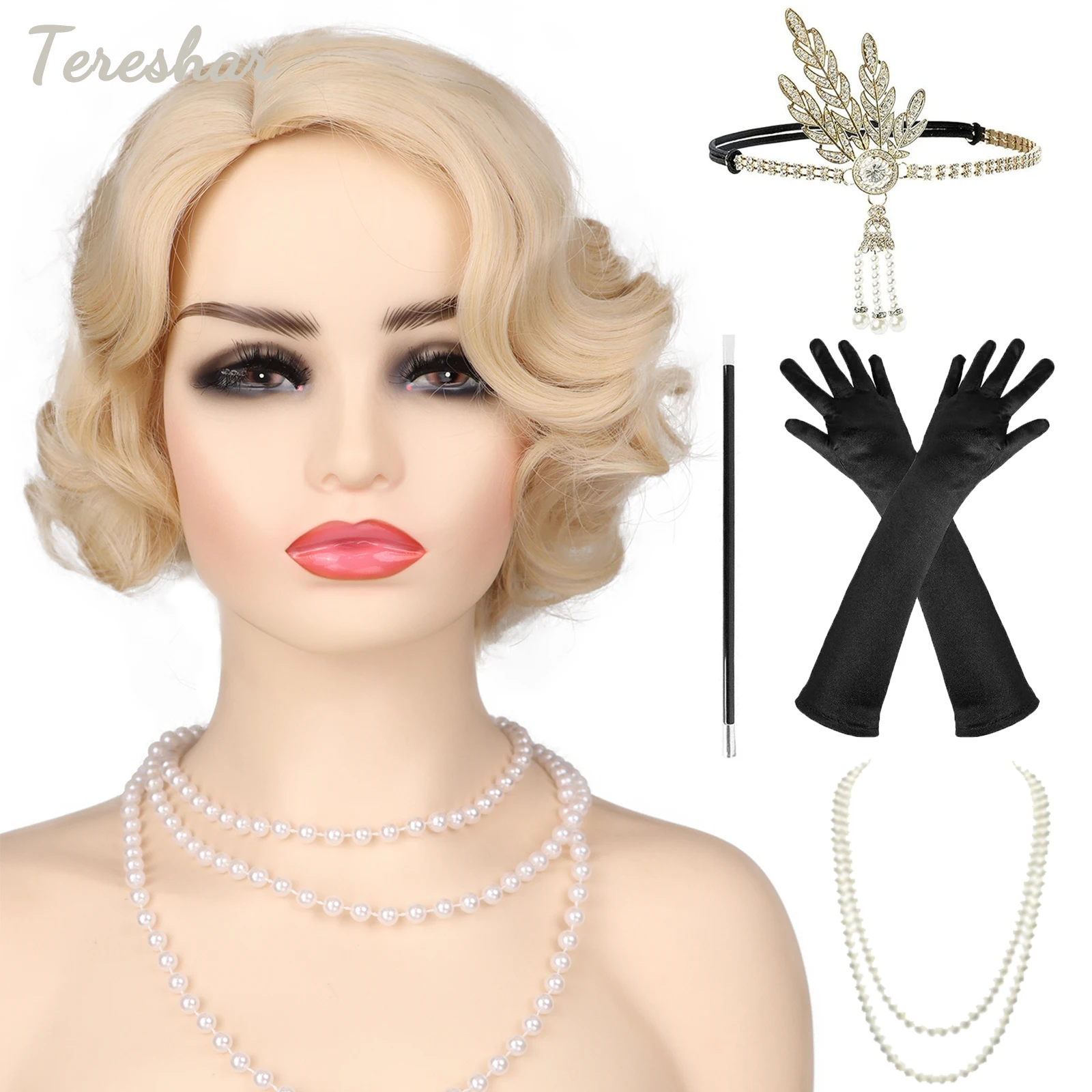 Tereshar Synthetic 1920s Finger Wave Womens Wig Flapper 20s Short Curly ...