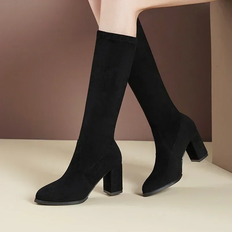 Botas hasta la rodilla para mujer, botas elásticas de piel Artificial ...