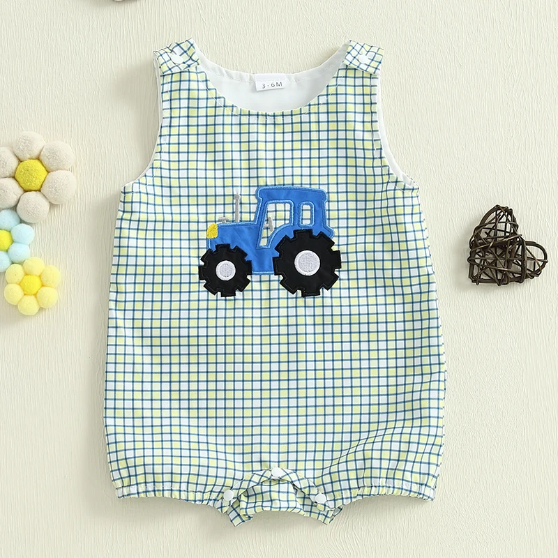 Newborn Infant Baby Boy Girl Plaid Embroidery Truck Romper Sleeveless ...