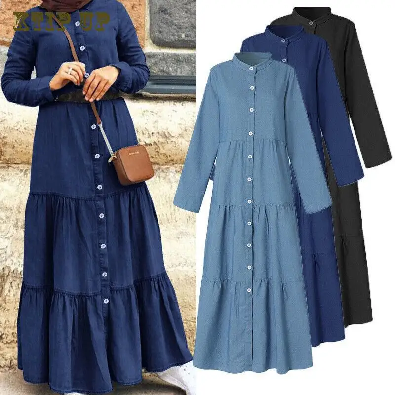 Denim-Abaya-Women-Long-Sleeve-Maxi-Dress-Muslim-Kaftan-Dubai-Button ...