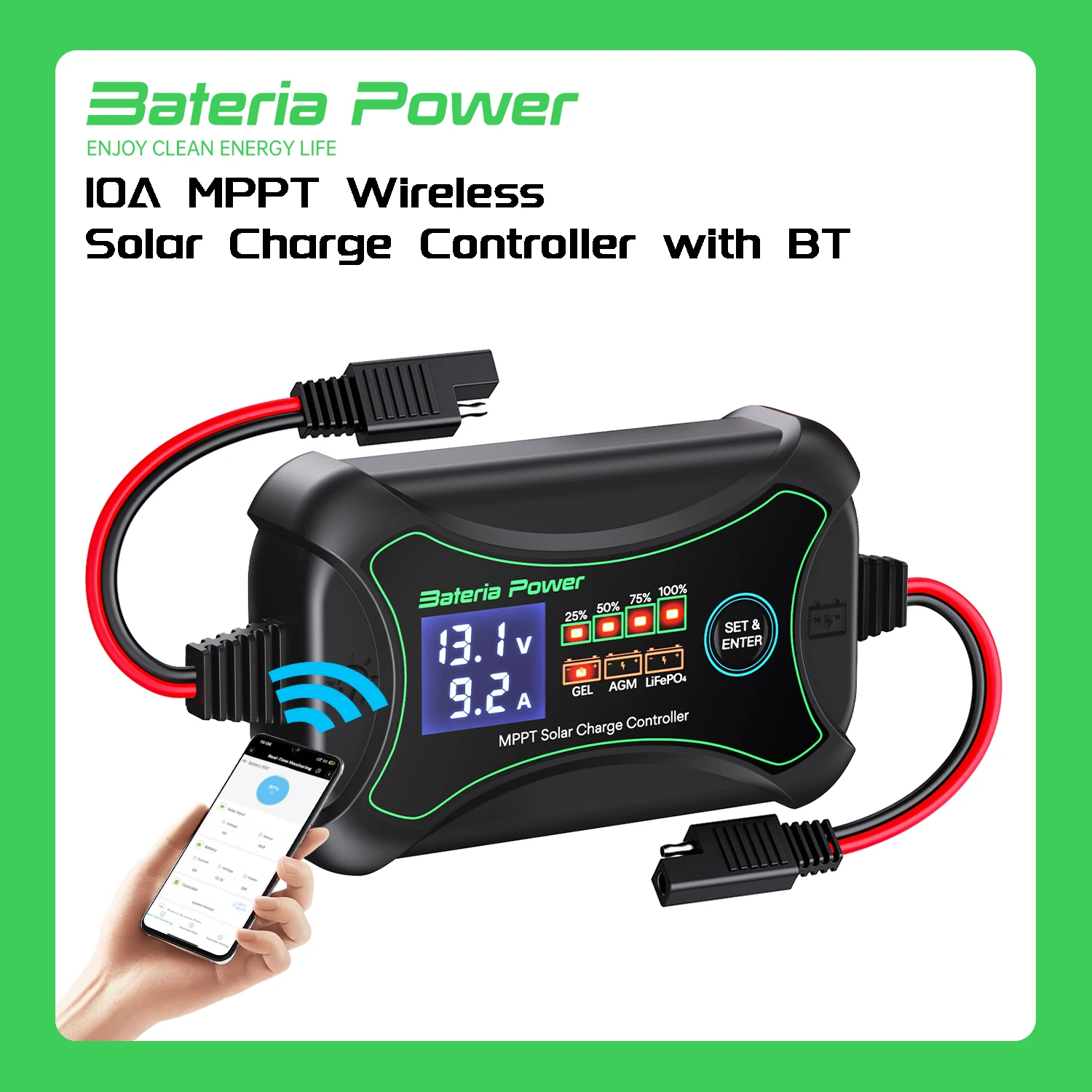 10A MPPT Wireless Solar Charge Controller with BT, Bateria Power 12 ...