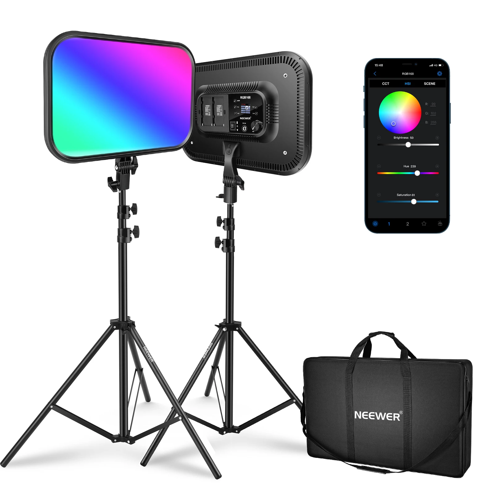 Neewer 2 Packs 18.3” Rgb Led Video Light Panel With App Control Stand ...